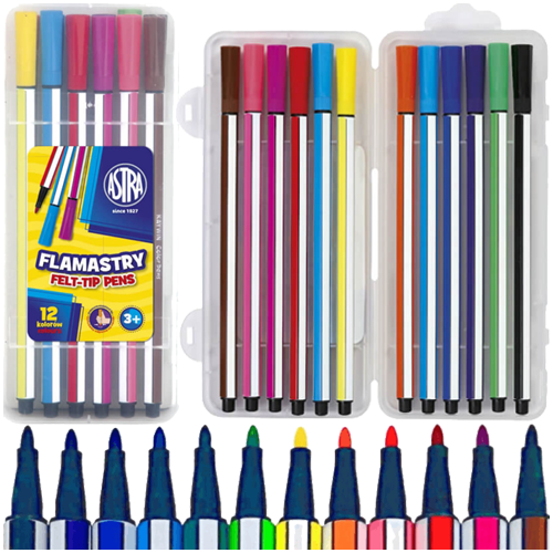 FLAMASTRY ASTRA PISAKI HEKSAGONALNE 12 KOLORÓW CIENKOPISY MAZAKI W ETUI ...